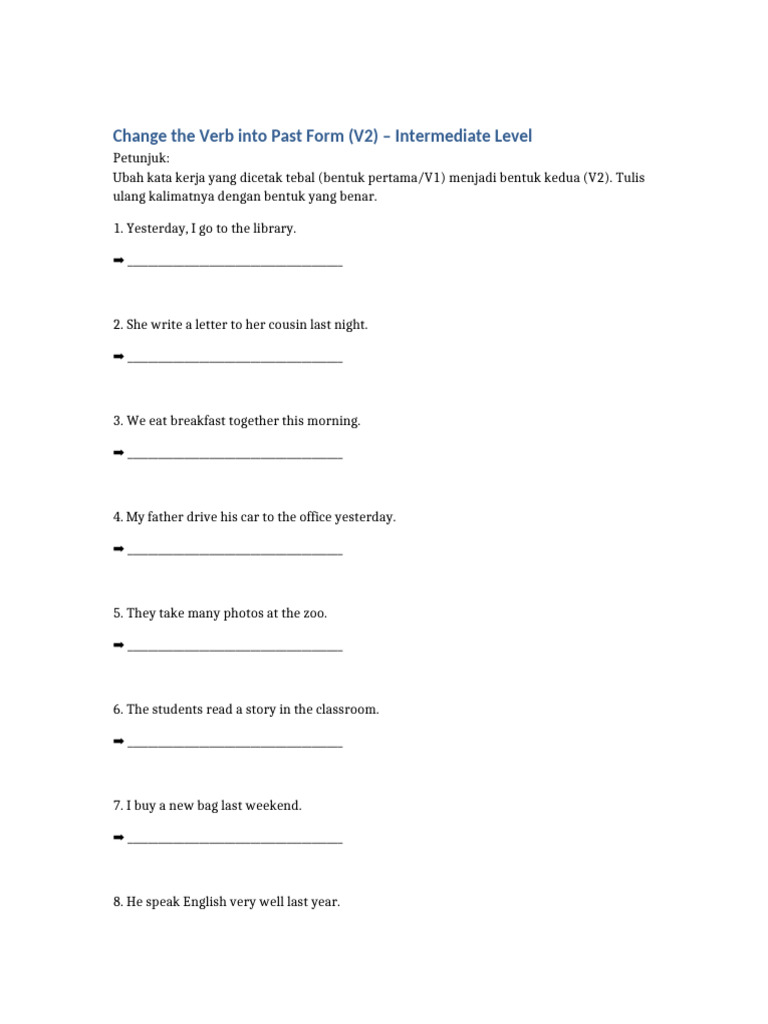 Change Verbs To Past Form Intermediate Level | PDF