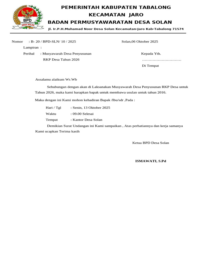 Undangan Musyawarah Desa RKP 2026 | PDF