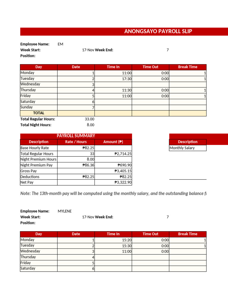 Anongsayo Payroll Slip Weekly Premium | PDF | Payroll | Salary