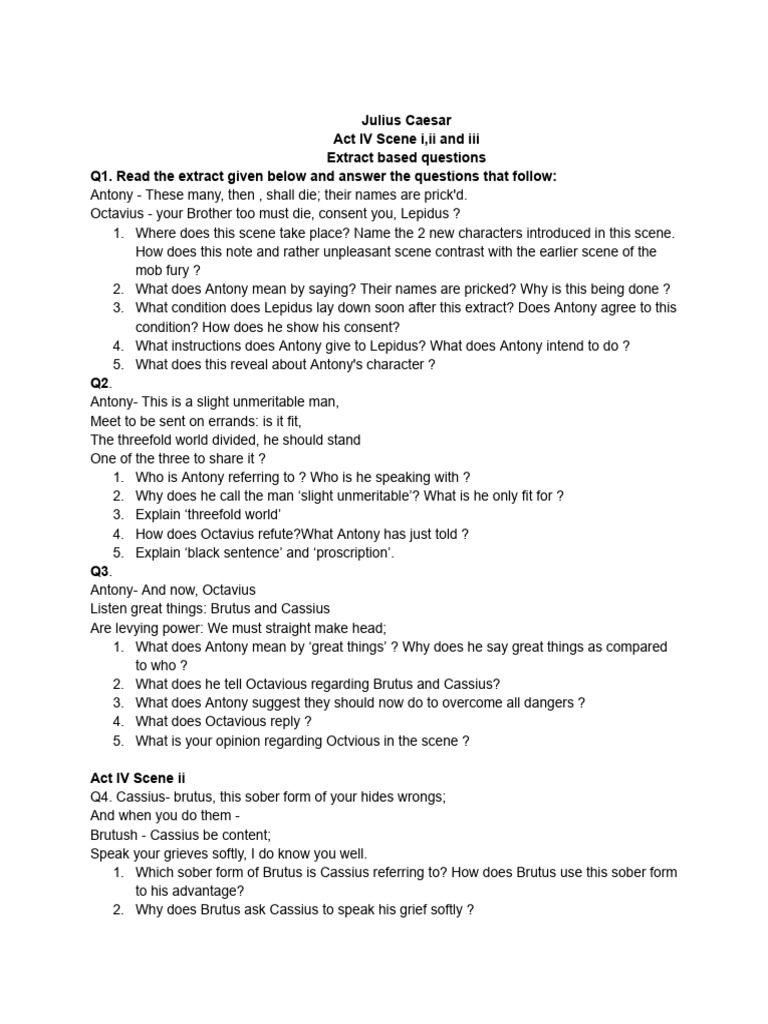 Extract-Based Questions on Julius Caesar Act IV | PDF | Mark Antony ...