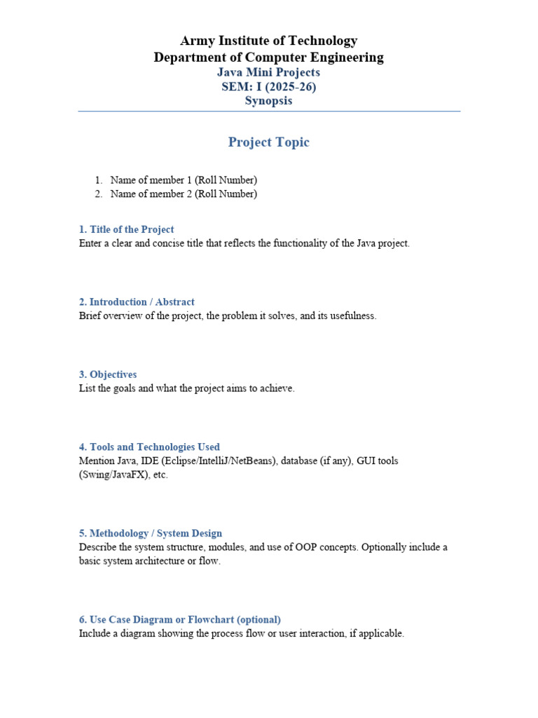AIT Java Mini Project Synopsis Template | PDF