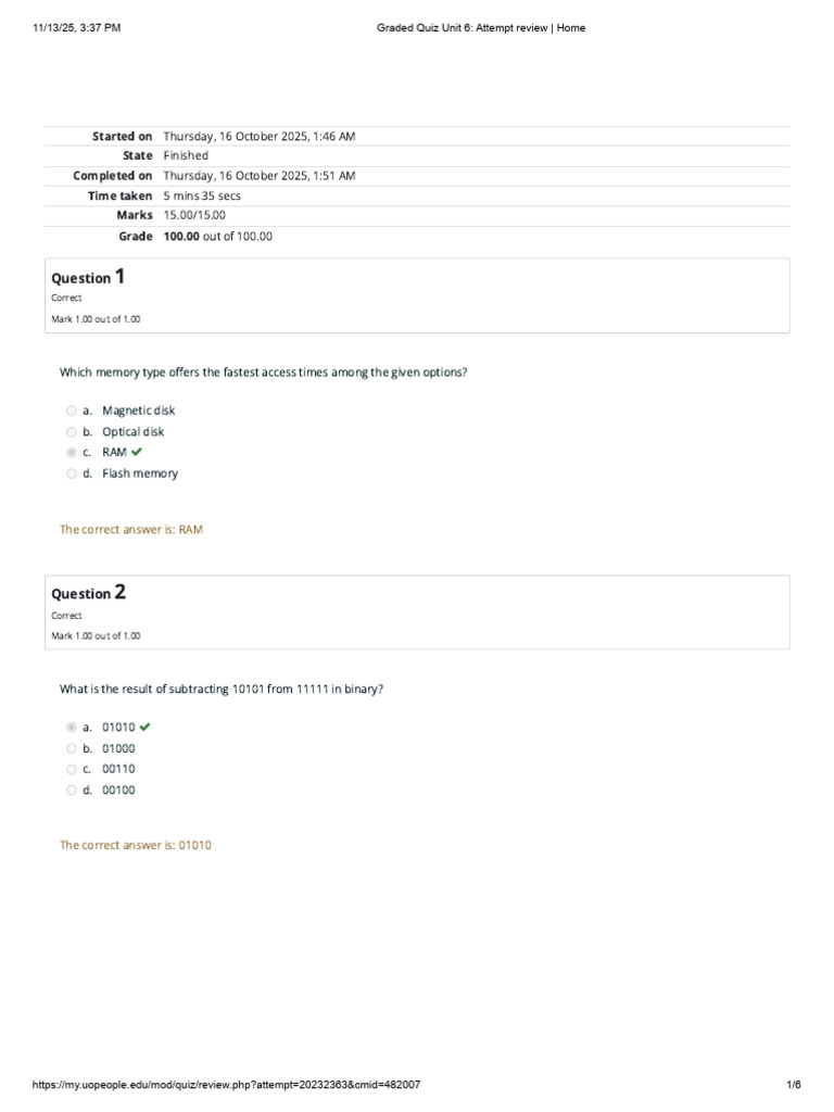 Graded Quiz Results: Computer Memory Concepts | PDF | Computer Data ...