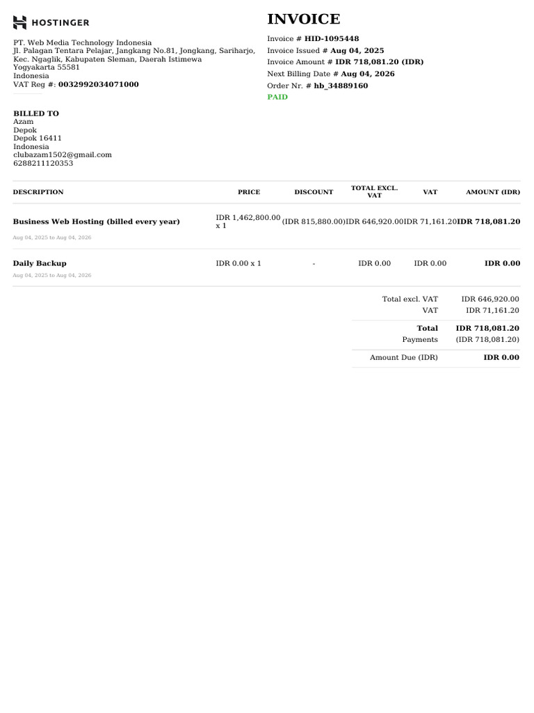 Billed To: Description Price Discount Total Excl. VAT VAT Amount (Idr ...