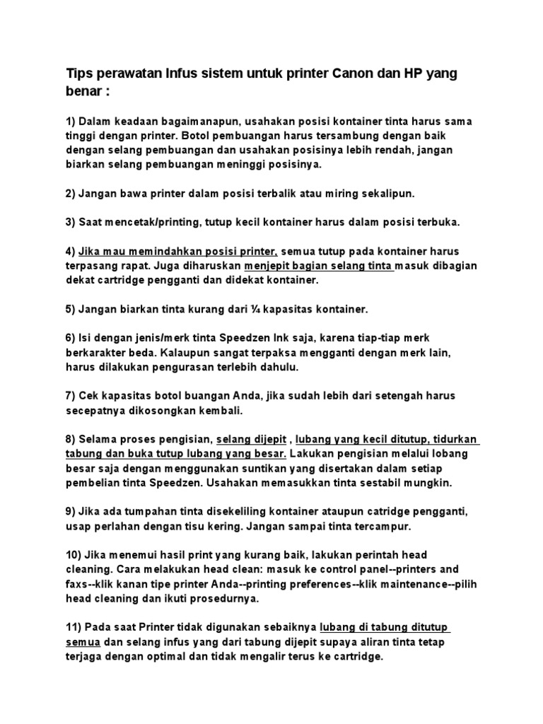 Tips Perawatan Infus Sistem Untuk Printer Canon Dan HP Yang Benar | PDF