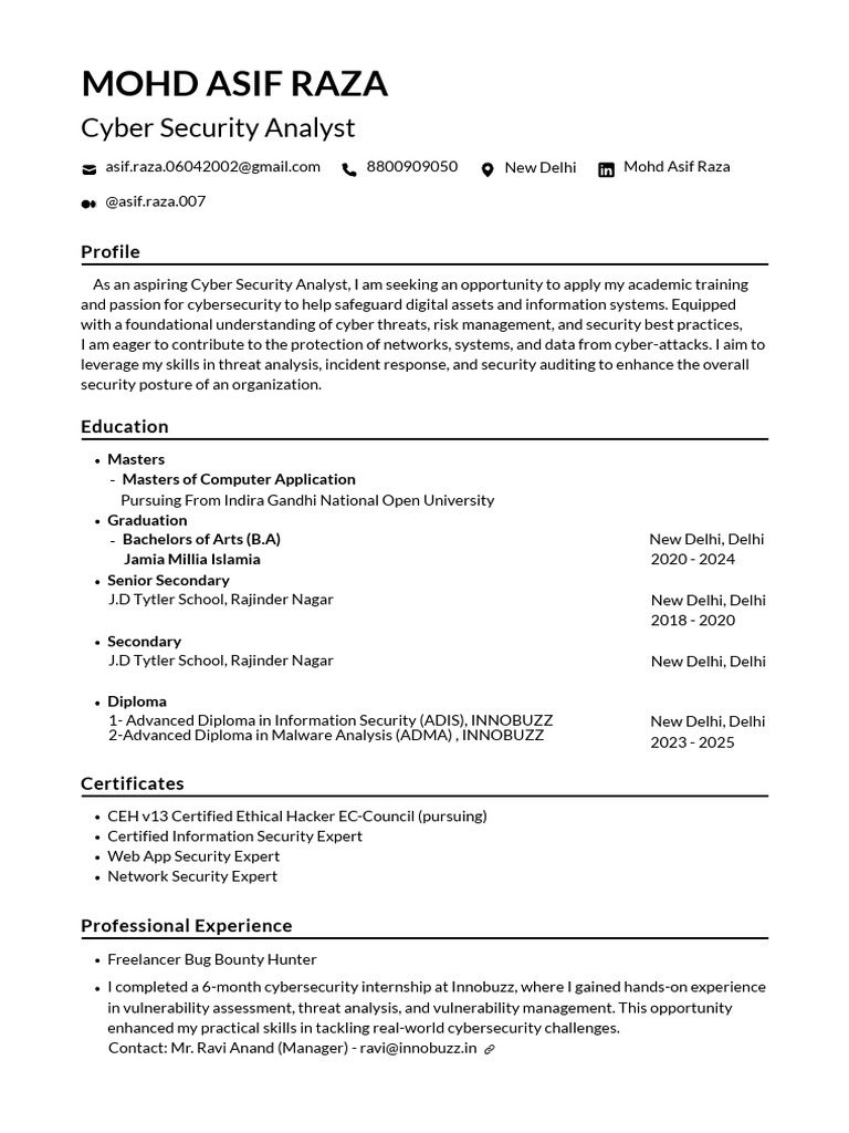 MOHD ASIF RAZA Cyber Security Analyst | PDF | Security | Computer Security