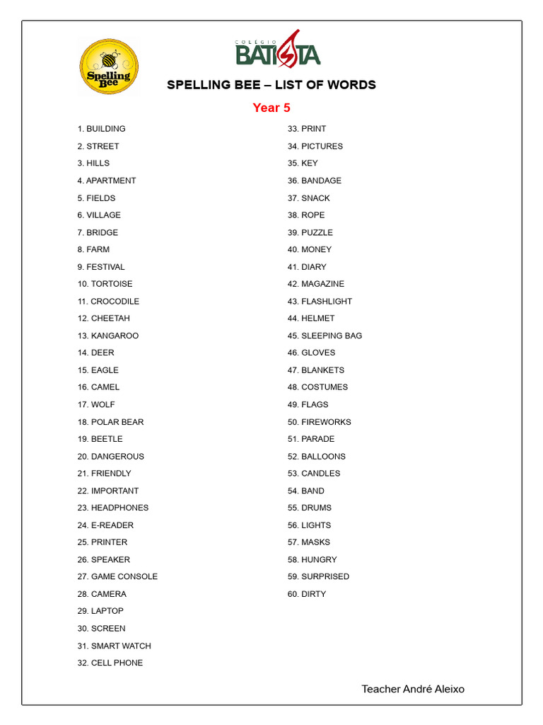 Spelling Bee - Year 5 | PDF