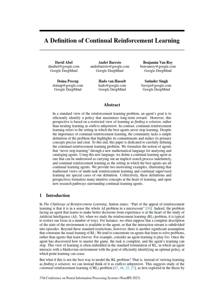 Defining Continual Reinforcement Learning | PDF | Function (Mathematics ...