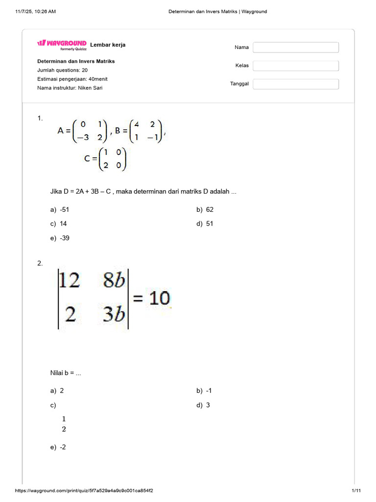 Soal Determinan dan Invers Matriks | PDF