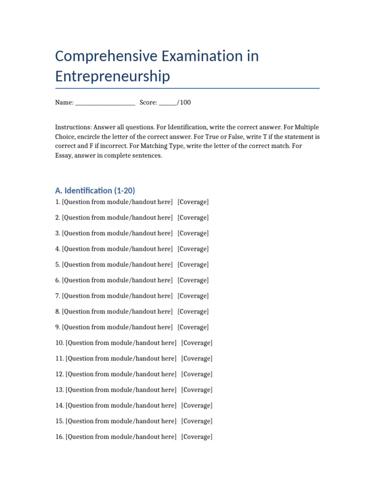 Comprehensive Entrepreneurship Test | PDF | Multiple Choice | Chess Theory
