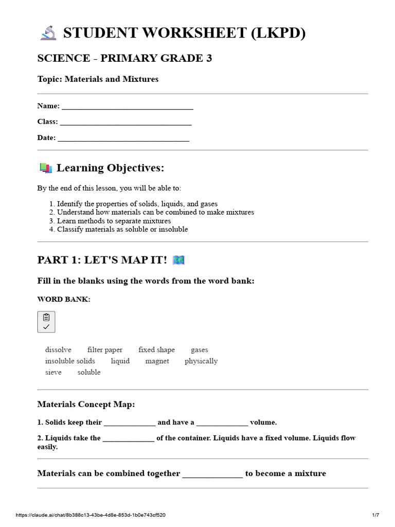 Grade 3 Science: Materials & Mixtures Worksheet | PDF | Mixture ...