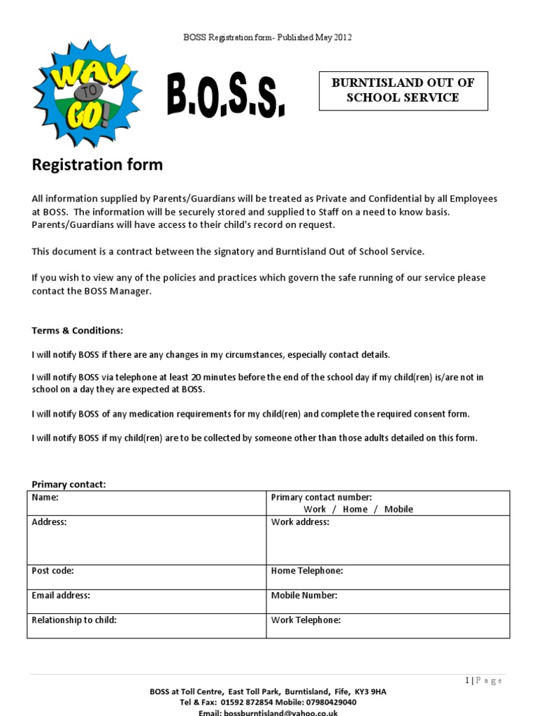 BOSS Registration Form for Parents | PDF | Fee | Child Care