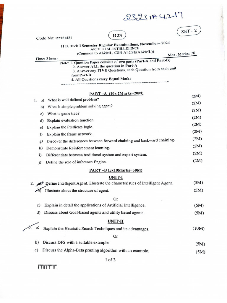 AI (Previous Year Question Papers) | PDF