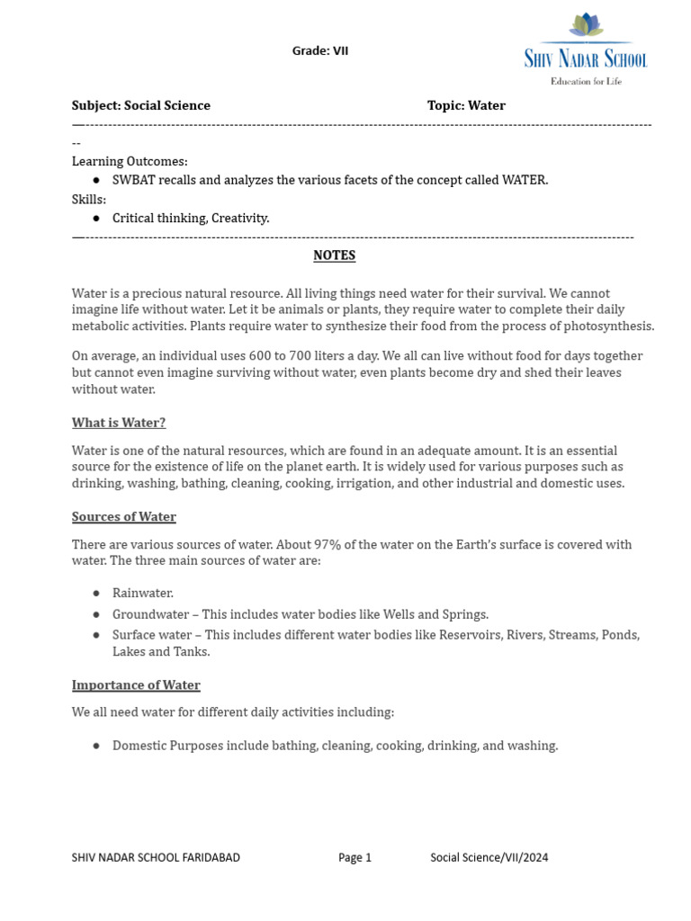 Chapter Notes (Water) | PDF | Water | Water Cycle