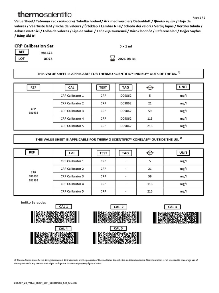 CRP Calibration Set: 5 X 1 ML 981674 XD73 2026-08-31 REF LOT | PDF