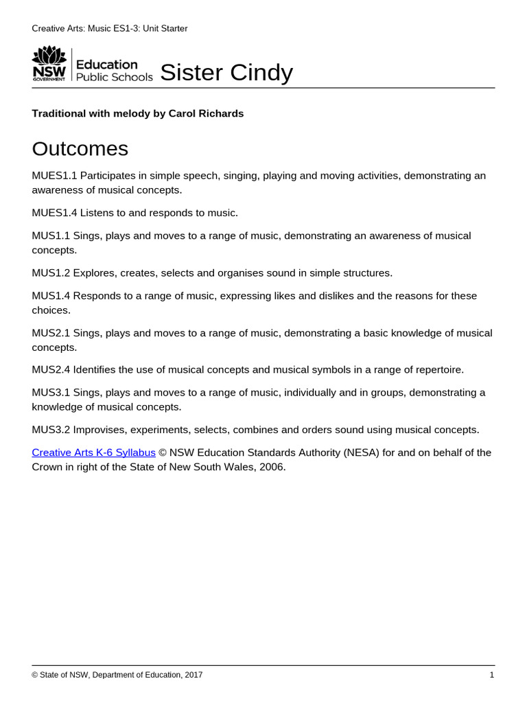 Creative Arts Es1 s1 s2 s3 Music Sister Cindy | PDF | Musicology