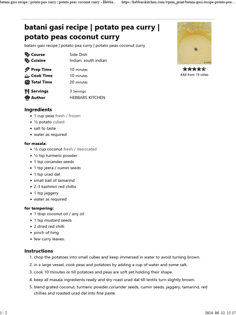 Batani Gasi: Potato Pea Coconut Curry | PDF | Curry | Asian Cuisine