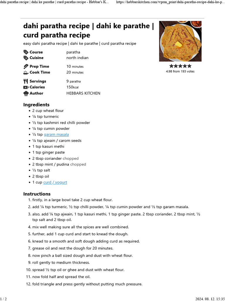 Dahi Paratha Recipe - Dahi Ke Parathe - Curd Paratha Recipe - Hebbar's ...