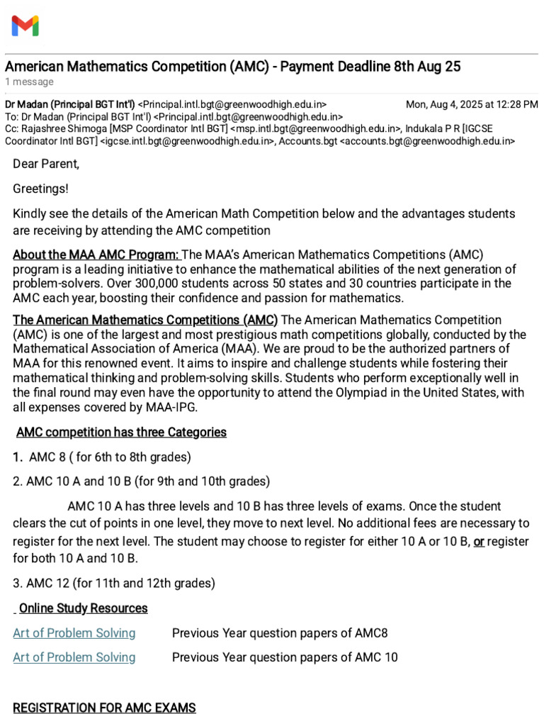 American Mathematics Competition (AMC) - Payment Deadline 8th Aug 25 ...
