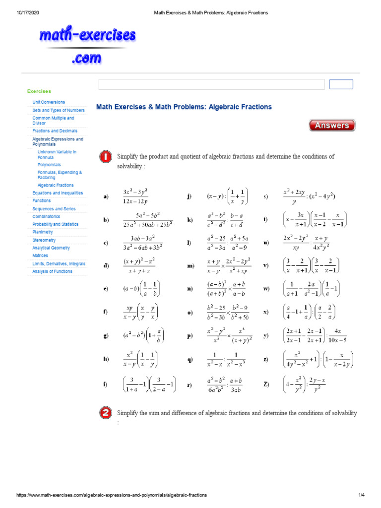 Algebraic Fractions: Exercises & Solutions | PDF | Algebra | Polynomial