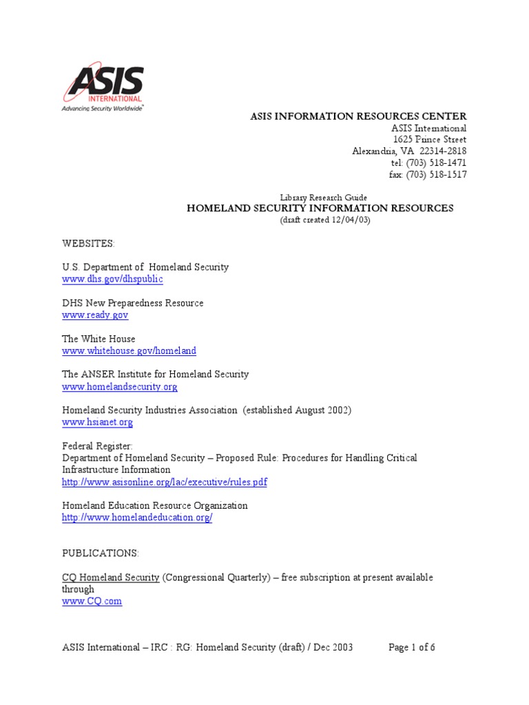 Homeland Security Information Resources | PDF | United States ...