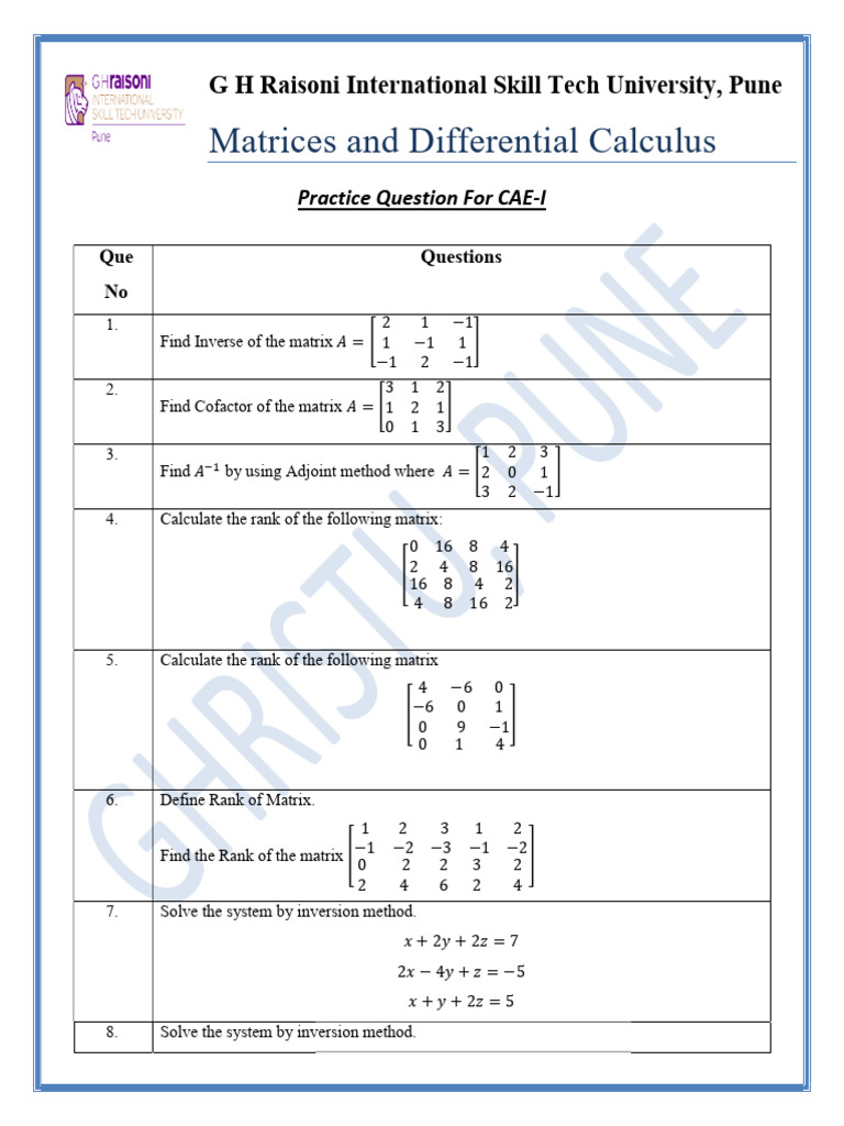 QB CAE-I Matrices and Differential Calculus | PDF | Eigenvalues And Eigenvectors | Operator Theory