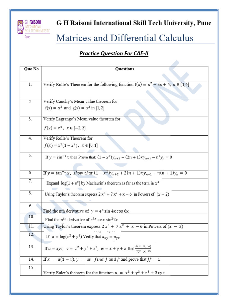 QB CAE-II Matrices and Differential Calculus | PDF