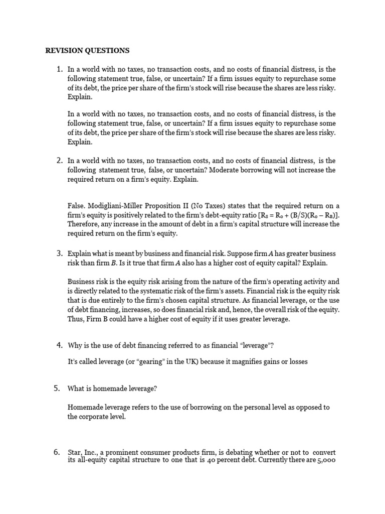 Revision Questions Answers | PDF | Capital Structure | Dividend