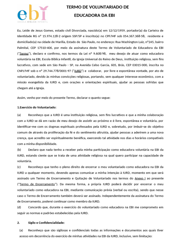 Termo de Voluntariado EBI IURD | PDF | Informação | Voluntariado
