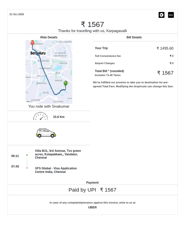 Uber Ride Invoice for Karpagavalli | PDF | Invoice | Public Transport