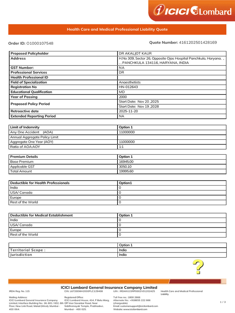 Health Care and Medical Professional Liability Quote: Quote Number ...