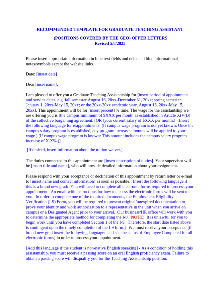 Graduate Teaching Assistant Offer Template | PDF