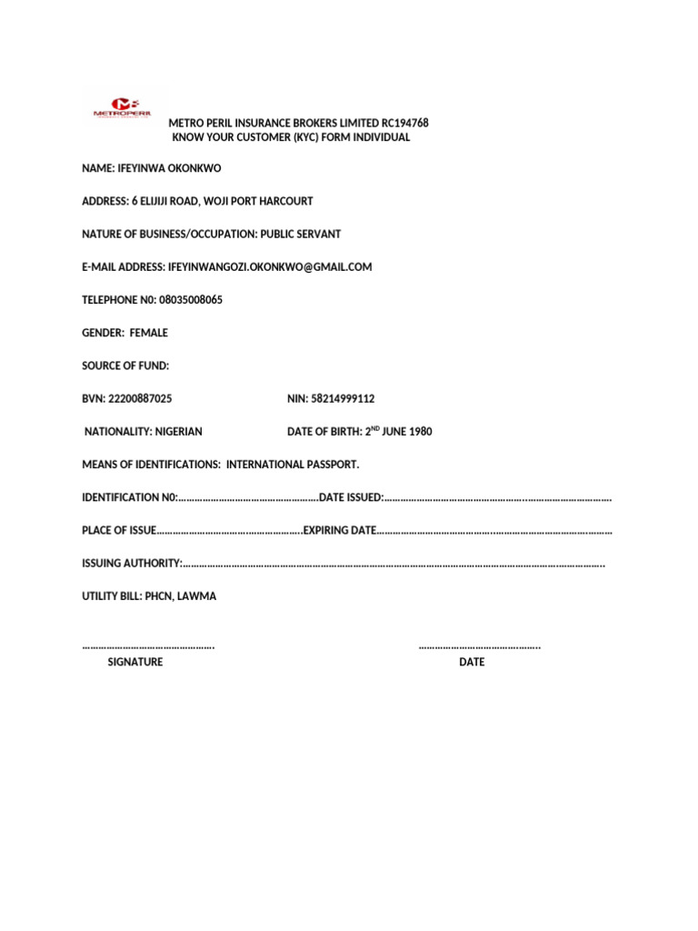KYC Form for Ifeyinwa Okonkwo | PDF