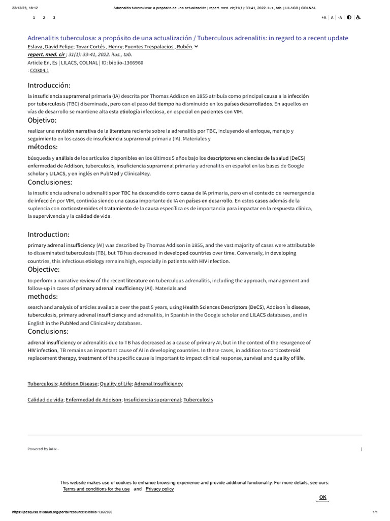 Adrenalitis Tuberculosa_ a Propósito de Una Actualización _ Repert. Med. Cir;31(1)_ 33-41, 2022 ...