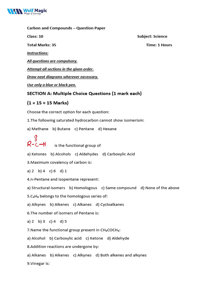Carbon and Compounds Test No 7 | PDF | Alkane | Alkene