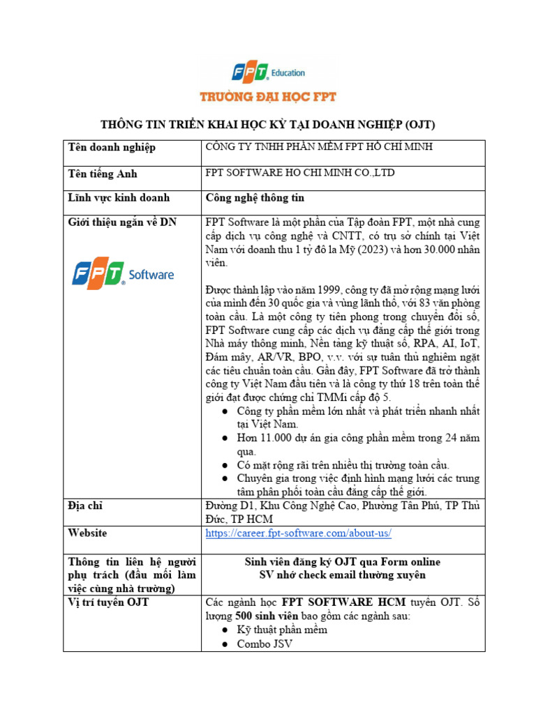 FPT Software HCM - Công Ty TNHH FPT Software HCM | PDF
