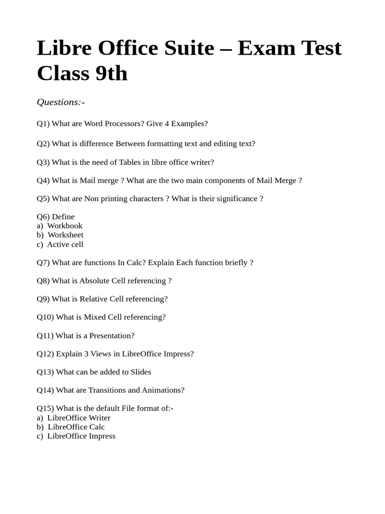 LibreOffice Suite - Exam Test (Prepared in LibreOffice) | PDF