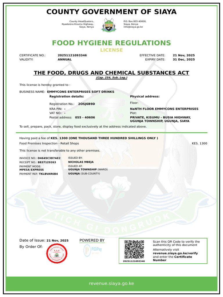 Siaya Food Hygiene License Certificate | PDF