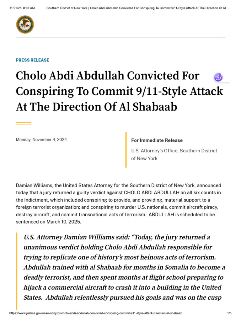 Cholo Abdi Abdullah Convicted For Conspiring To Commit 911 Style 5637