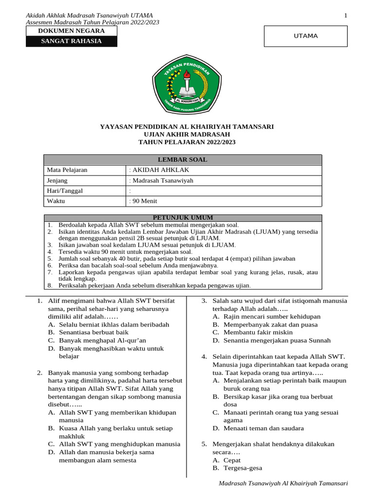 Soal Um Quran Hadits 2021 | PDF