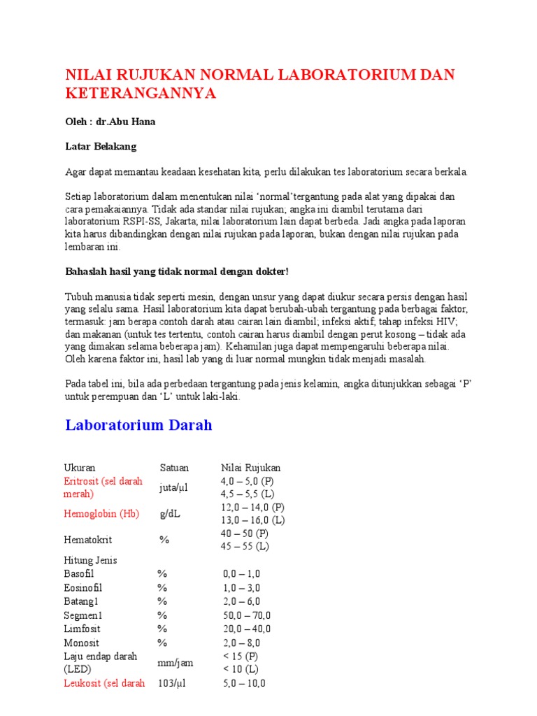 Nilai Rujukan Normal Laboratorium Dan Keterangannya | PDF
