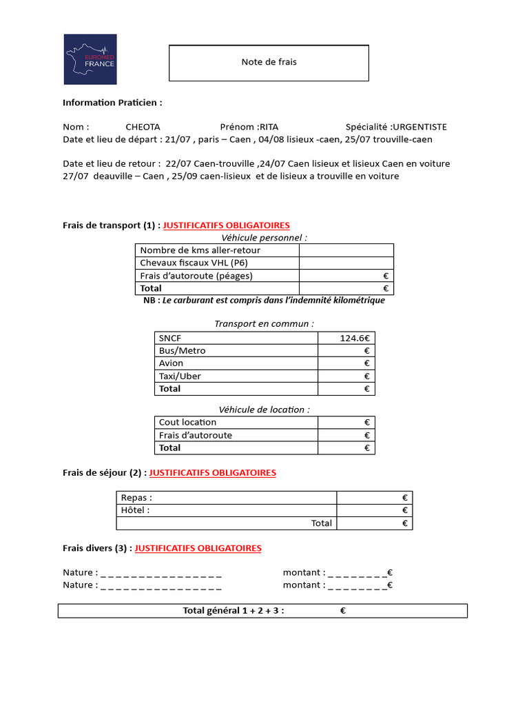 Note de frais de Rita Cheota Urgentiste | PDF