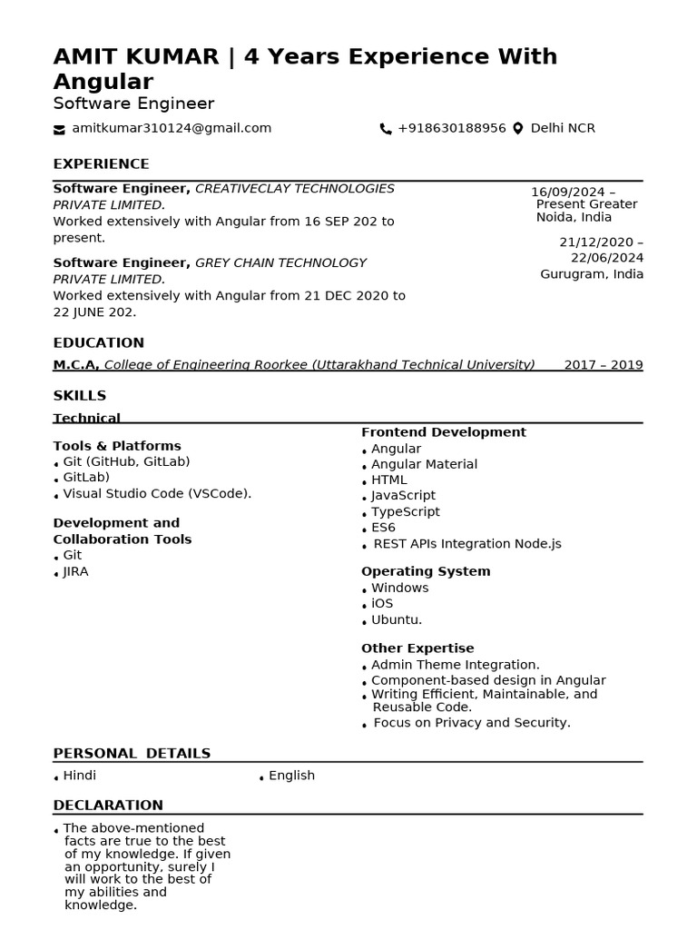 AMIT KUMAR - 4 Years Experience With Angular: Software Engineer | PDF ...
