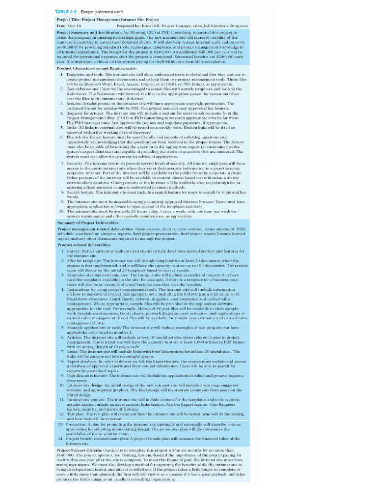 Scope Statement From Textbook | PDF
