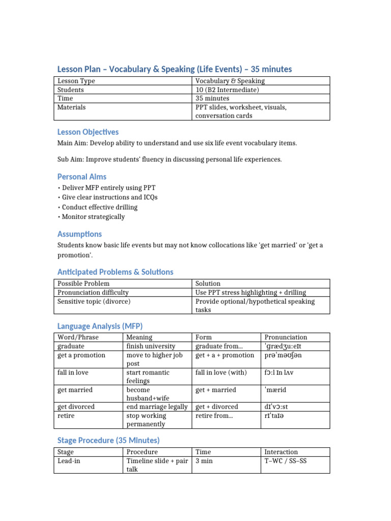 Vocabulary Lesson: Life Events | PDF | Vocabulary | Learning