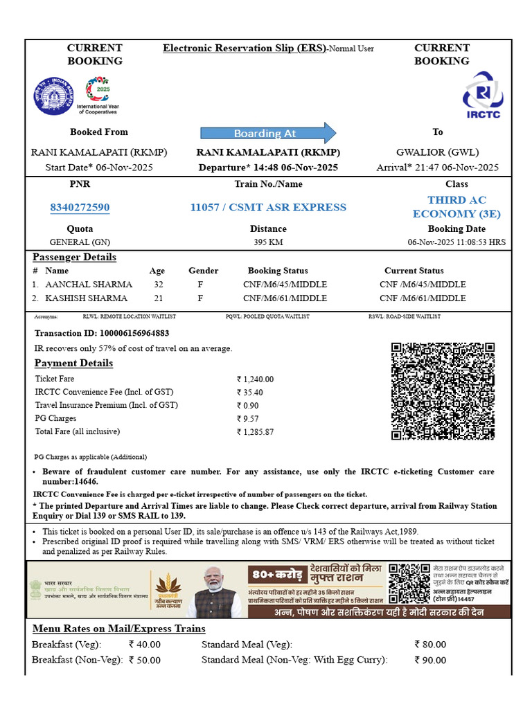CSMT Asr Express Third Ac ECO OMY (3E) : N N N N | PDF | Identity Document