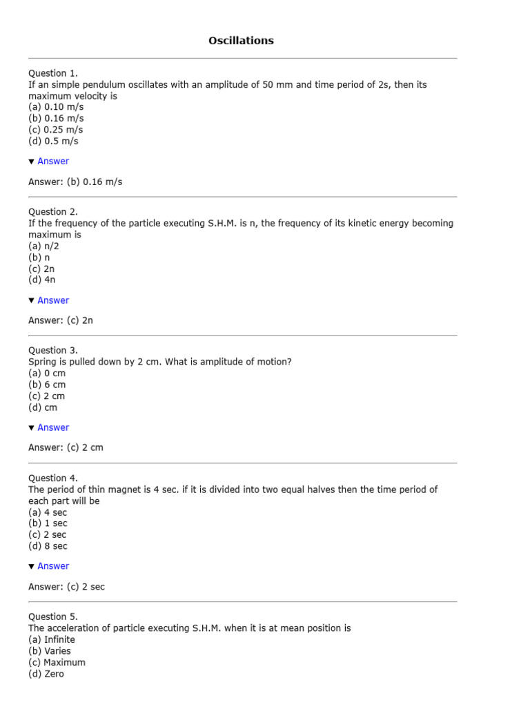 Oscillations Worksheet 1 | PDF | Oscillation | Resonance