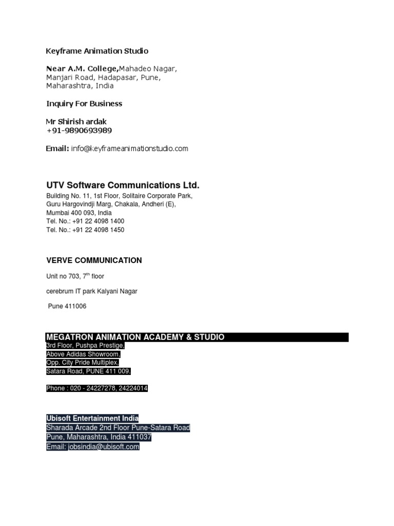 Animation Studios Directory in India | PDF
