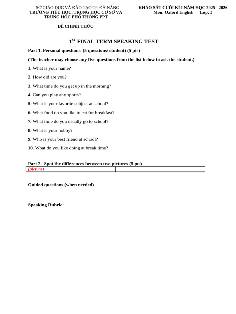 Final Speaking Test for Grade 3 English | PDF