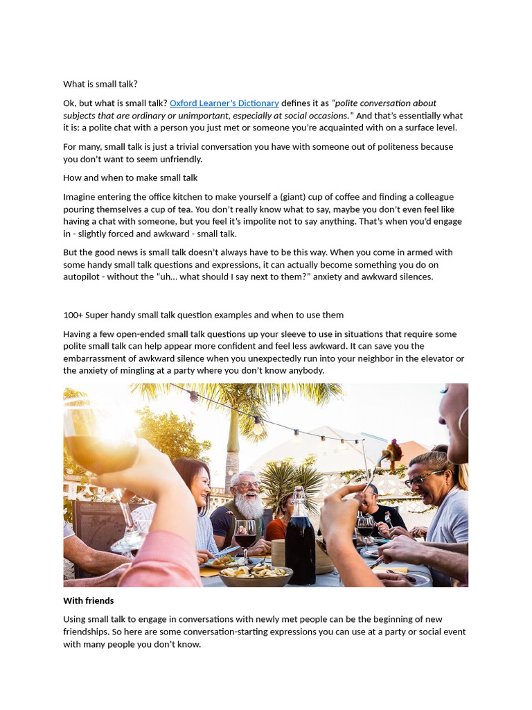 Small Talk Ideas - Settings and Sample Questions | PDF