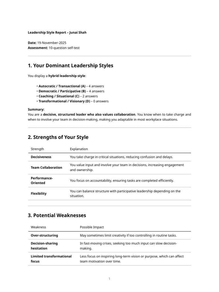 Leadership Style Report | PDF | Leadership | Organizational Behavior